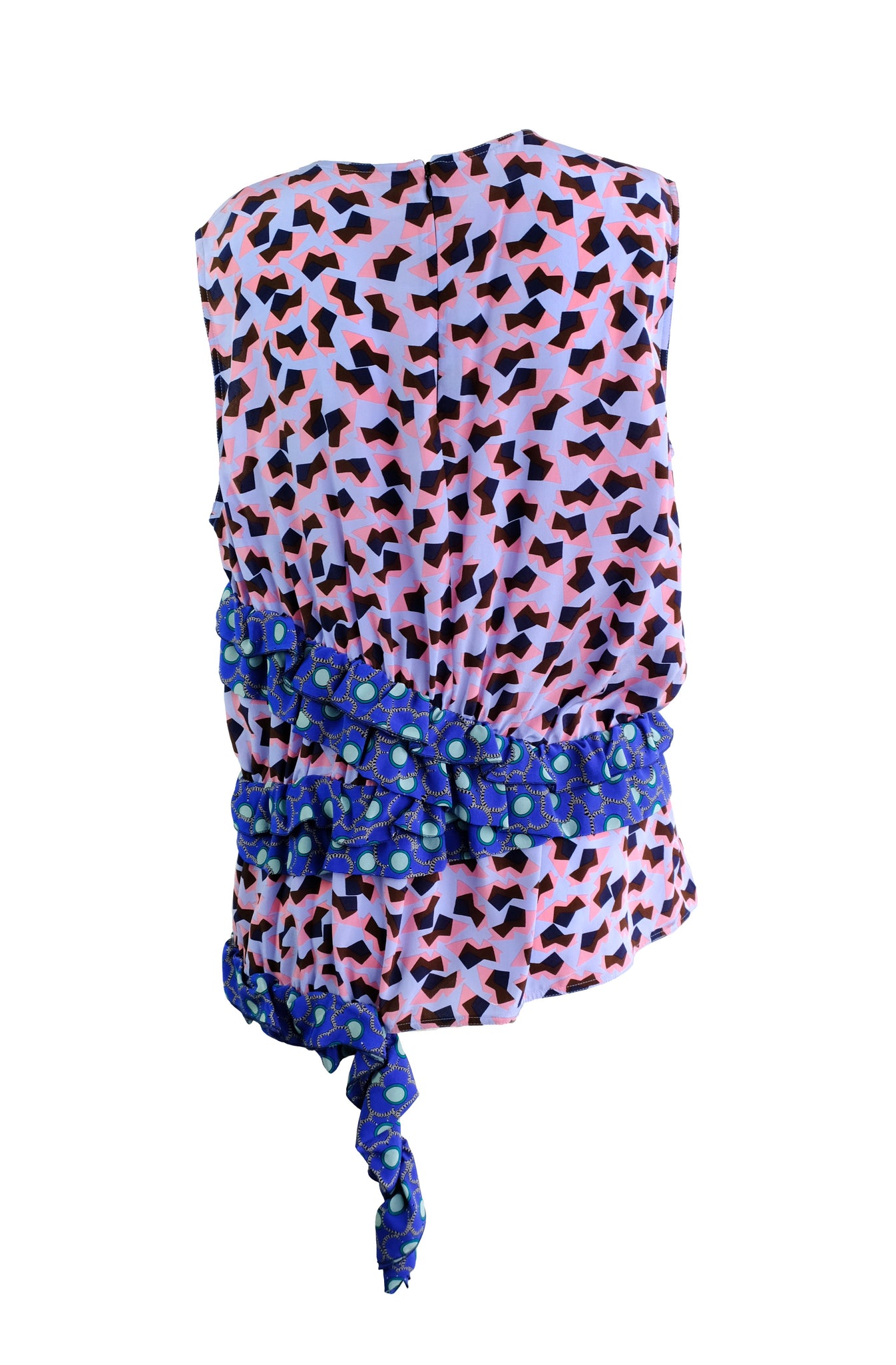 Marni Sleeveless Ruffle Top in Blue and Pink Print Silk, UK14 – Menage ...